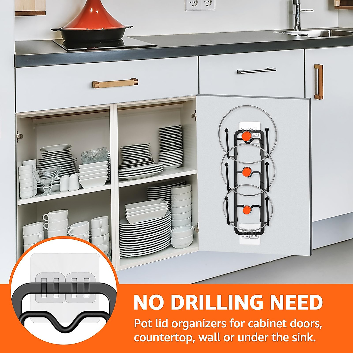 iHysuun 2 Pack Pot Lid Organizer, Pot Lid Holders for Kitchen Cabinet, Self-Adhesive/Drilling Pot Cover Holder Rack Wall/Door Mounted, 6-Tier Pots and Pans Top Organizer for Cabinet Door, Black