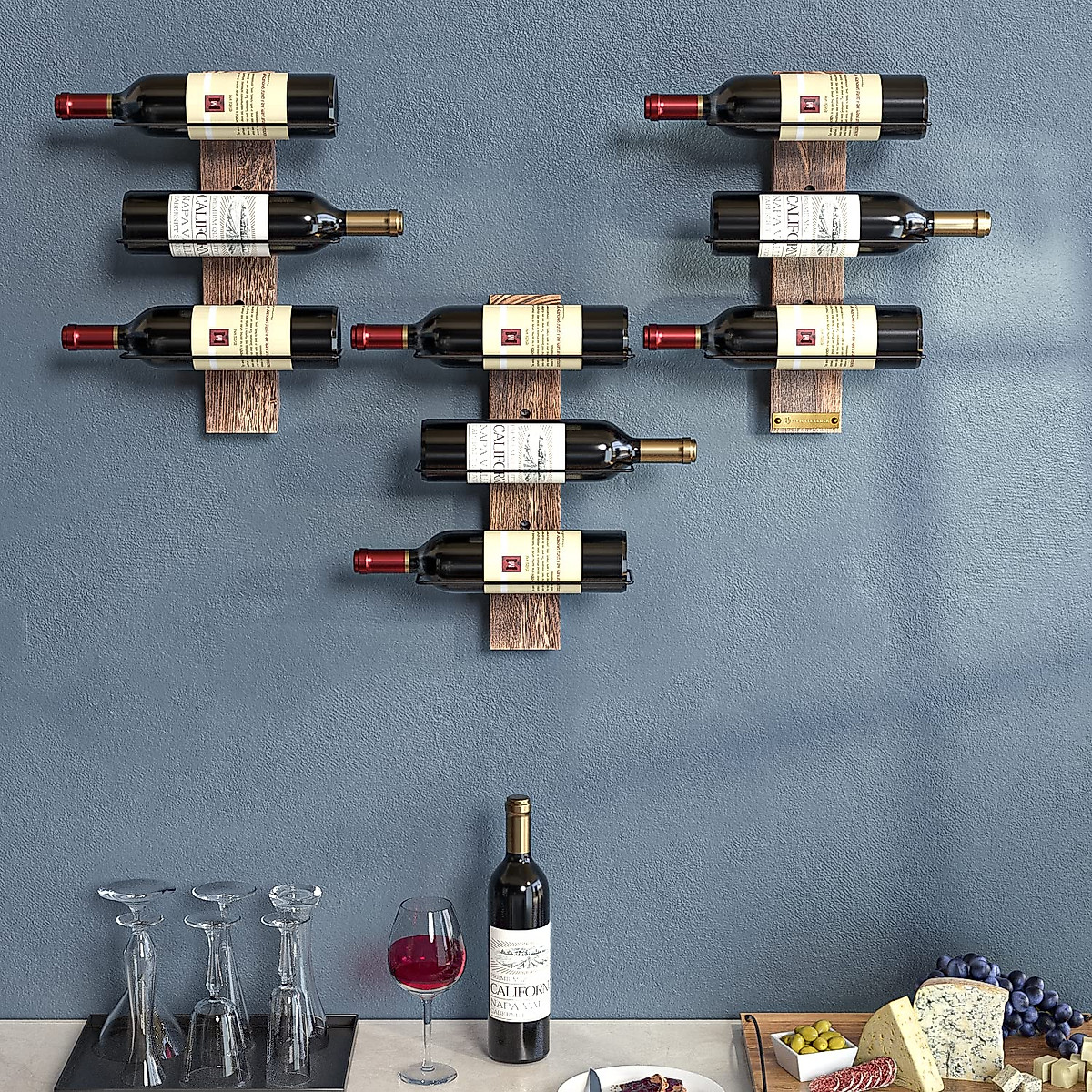 J JACKCUBE DESIGN Wall Mount Wine Rack Organizer for 9 Bottles, Elegant and Simple Rustic Wood Wine Storage Display Holder for Kitchen and Home Décor- MK699A