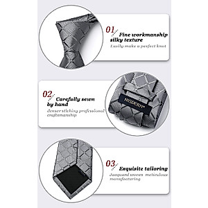 HISDERN Mens Ties for Men Grey Plaid Tie Handkerchief Classic Men's Tie with Pocket Square Set Formal Necktie Silver Gray Wedding Business Ties Set