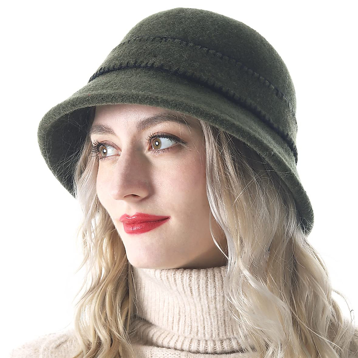 Women Elegant Winter Wool Bucket Hat 1920s Vintage Cloche Bowler Hats (Green)