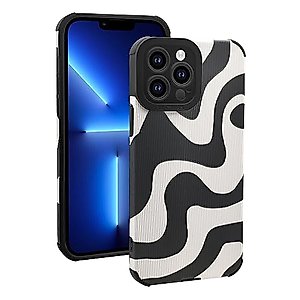 INJPCUCA Designed for iPhone 13 Pro Case, Cute Wave Pattern Design Black Protective Case for Women Girls PU Leather Silicone Slim Shockproof Cover for iPhone 13 Pro 6.1", Beige White