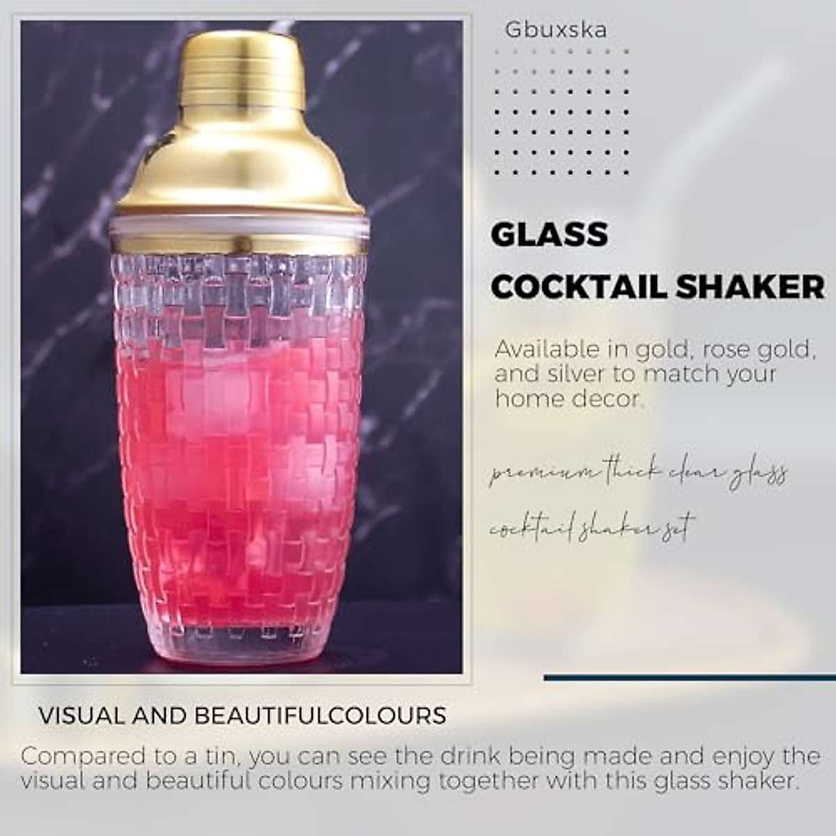 Gbuxska Glass Cocktail Shaker Set - Glass Shaker for Cocktails, Drink Shakers Cocktail and Cocktail Shakers, Glass Shaker Set for Bars, Whiskey, Cocktails (Gold, 13 oz)