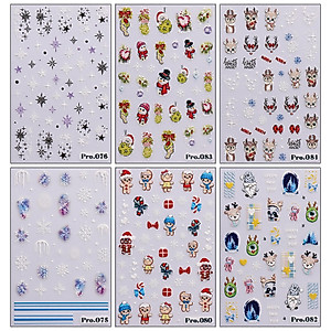 JMEOWIO 6 Sheets Christmas Nail Art Stickers Decals Self-Adhesive Pegatinas Uñas Snowflake Santa Snowman Xmas Winter Holiday Nail Supplies Nail Art Design Decoration Accessories