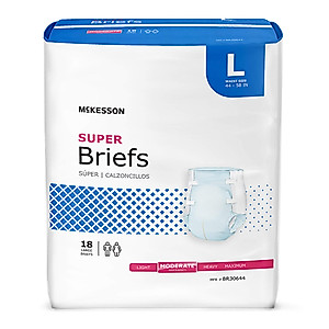 McKesson Super Briefs, Incontinence, Moderate Absorbency, Large, 18 Count, 4 Packs, 72 Total