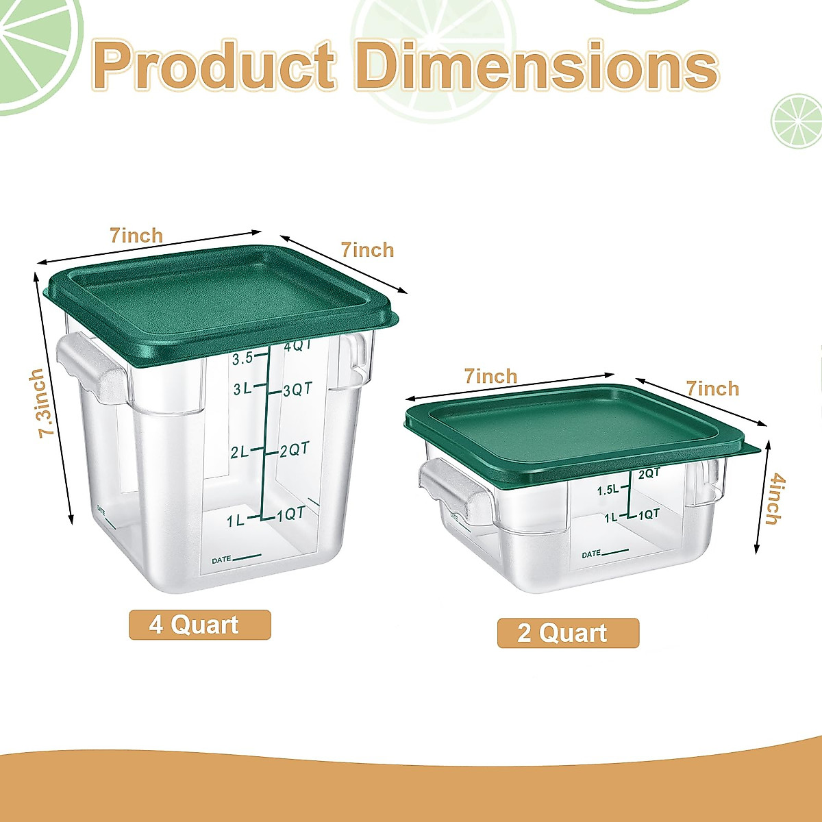 Barydat 4 Pcs Food Storage Container with Lids Set 2qt and 4qt Square Clear Commercial Containers with Scales Handles for Home Restaurant Kitchen Food Storage, Proof Dough, Marinating Meat (Green)