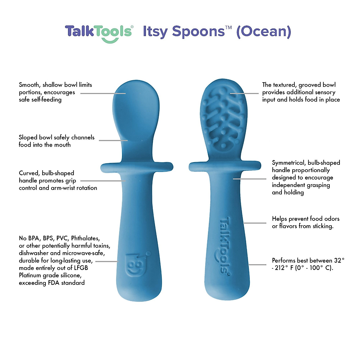 TalkTools Itsy Tiny Silicone Spoons – Twin Pack Soft Silicone Self-Feeding Training Spoons for Kids & Toddlers, Anti-Choking Flange Guard and Non-Slip Handle (Ocean)