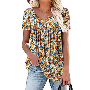 onlypuff Babydoll Tops for Women Flowy Summer Tunic Tops Casual Floral Short Sleeve Flowy Tops to Hide Belly Blouse Yellow S