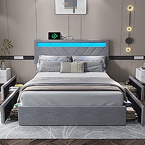 ADORNEVE LED Full Size Bed Frame with Storage Drawers, Upholstered Platform Bed Frame Full with LED Lights and Charging Station, Sturdy Wooden Slats Support, No Box Spring Needed, Light Grey