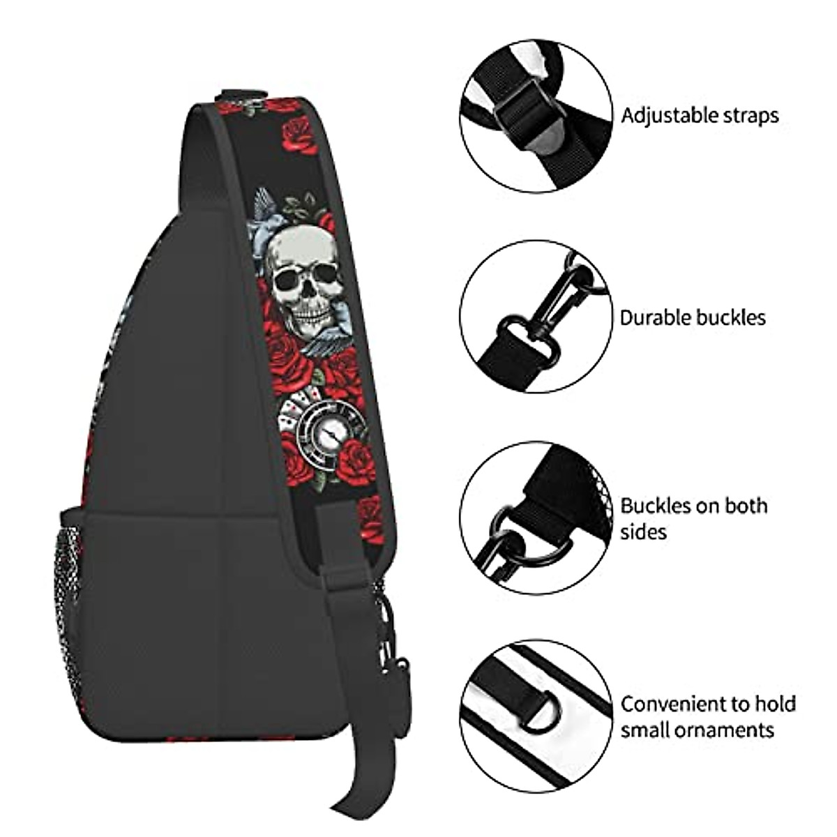 SUPLUCHOM Sling Bag Skull Bird Red Rose Gothic Hiking Daypack Crossbody Shoulder Backpack Travel Chest Pack for Men Women Over 12 Years Old