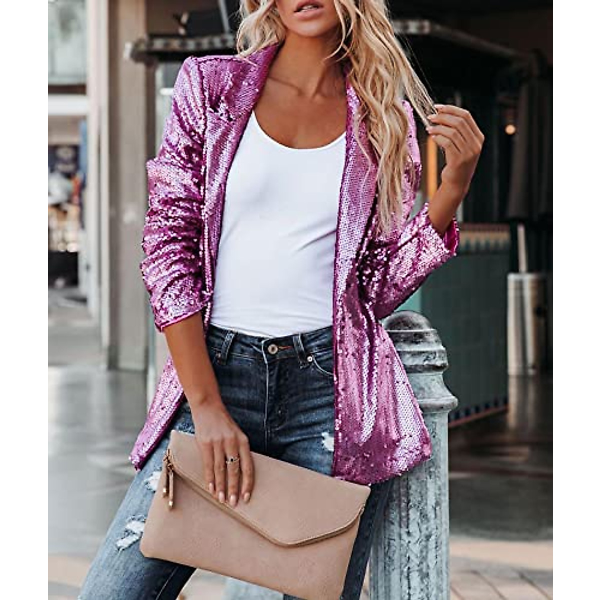 SEMATOMALA Women's Sequin Shiny Open Front Blazer Evening Party Sparkly Long Sleeve Slim Cardigan Coat RO-M