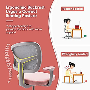 Costzon Kids Desk Chair, Children Study Computer Chair with Adjustable Height, Lumbar Support, Sit-Brake Casters, Swivel Mesh Seat, Ergonomic Kids Task Chair for 3-10, Home, School, Office (Pink)