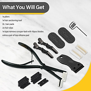 Gomake Tape in Hair Extension Tools Kit with Flat Surface Stainless Steel Tape in Hair Extensions Sealing Clamp Plier,Tape Remover Scraper Tool,Hair Clips, Human Hair Extensions Styling Tools-Black