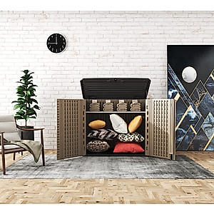 KINYING Outdoor Storage Shed - Horizontal Storage Box Waterproof for Garden, Patios, Backyards, Multi-Opening Door for Easy Storage of Garbage Cans, Tools, Lawn Mower, 26 Cubic Feet,Brown