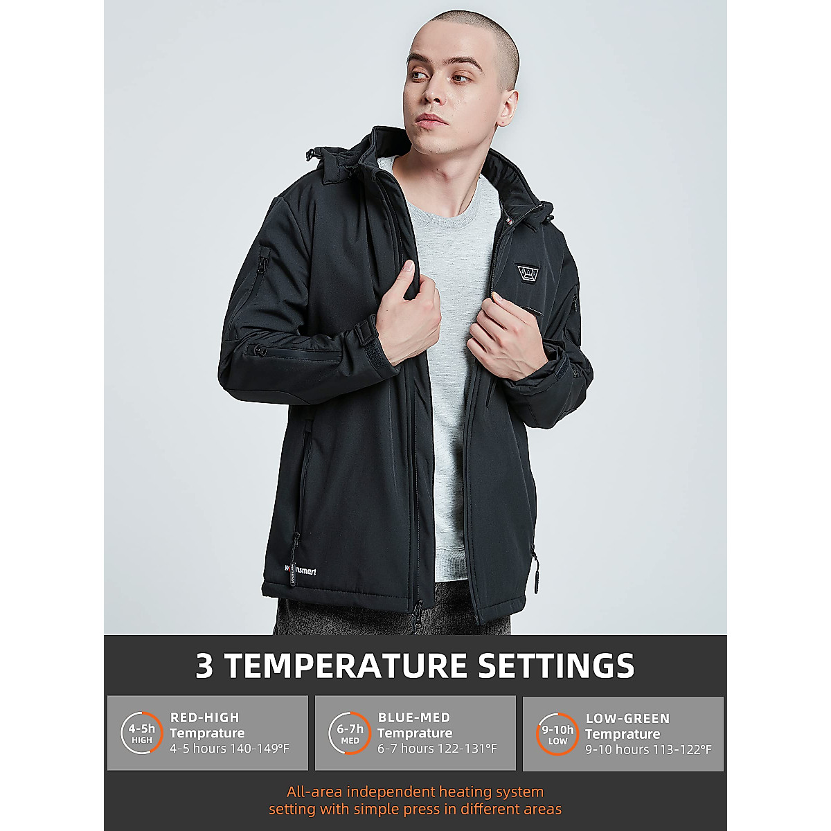 warmsmart Heated jackets for Men Women with 14400mAh Battery Pack, Heated Coats with Detachable Hood Windproof