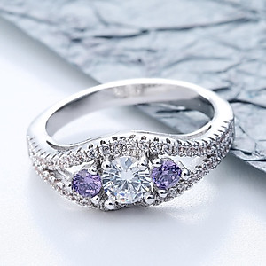 Bcughia Ring CZ Gemstone, Woman Rings Silver Copper White Round Gemstone Hollow Round Light Purple White Engagement Ring Gift Size 8
