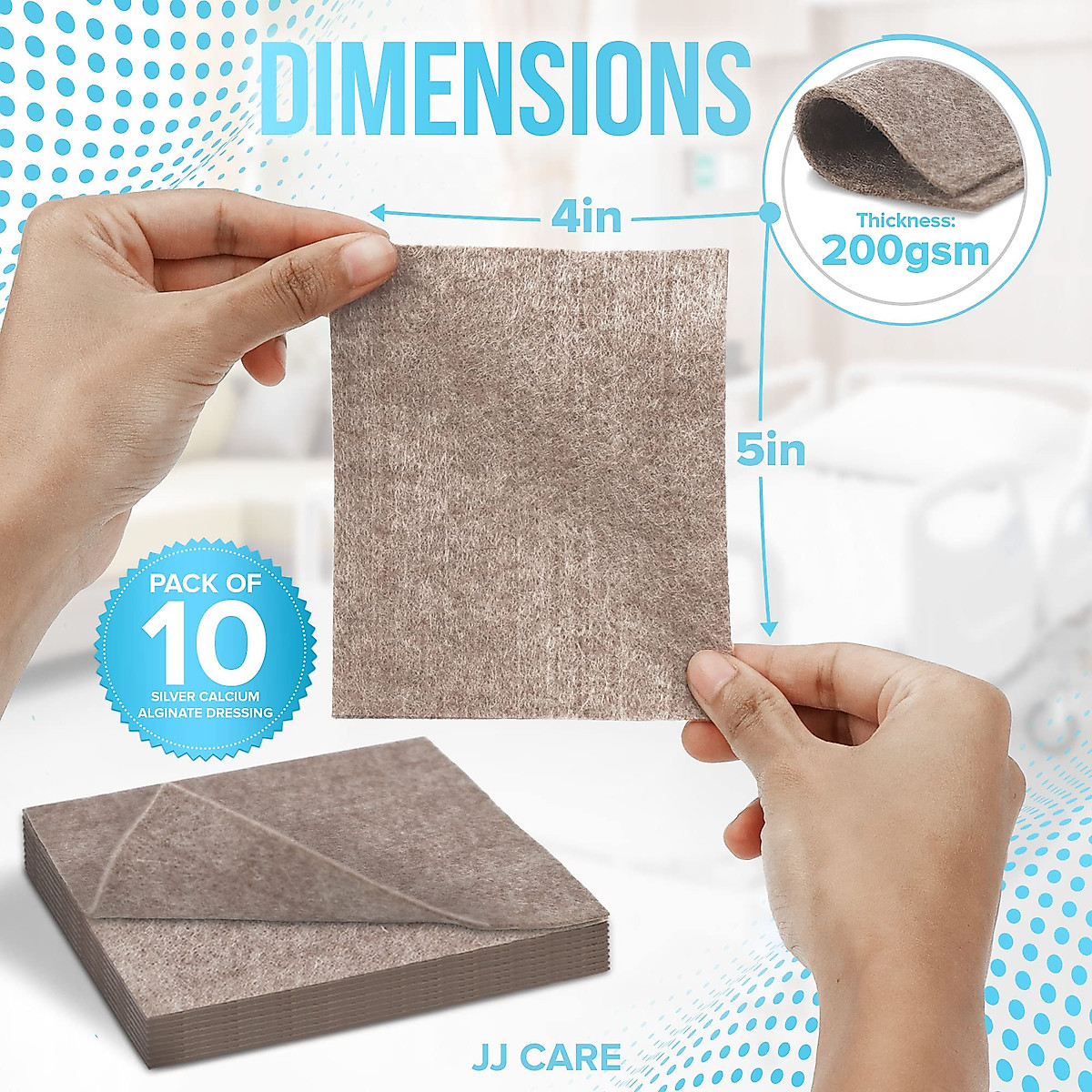 JJ CARE Silver Calcium Alginate Wound Dressing (Pack of 10) 4x5, Calcium Alginate Wound Dressing, Individually Packed Calcium Alginate, Highly Absorbent Silver Wound Dressing