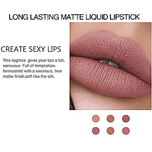 Lipstick Matte Lipstick Liquid Makeup Set, 6Pcs Long-Lasting Wear Non-Stick Cup Not Fade Waterproof Velvet Lip Gloss Kit, Lip Makeup Gift Sets for Girls and Women Nude Colors