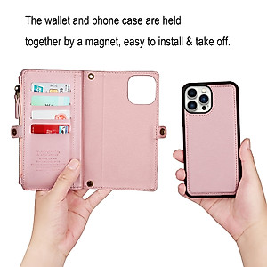 DKDKSIP for iPhone 15 Pro Max Wallet Case for Women, Support Wireless Charging with RFID Blocking Card Holder, PU Leather Zipper Wallet Detachable Magnetic Phone Case with Crossbody Strap, Pink