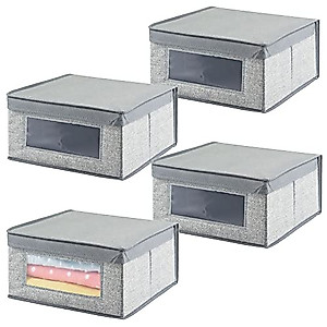 mDesign Medium Soft Stackable Fabric Baby Nursery Storage Organizer Holder Bin Box with Front Window/Lid for Child/Kids Bedroom, Playroom, Classroom, Lido Collection, 4 Pack, Gray