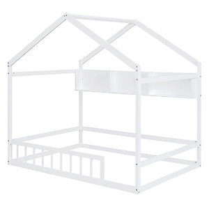 Merax Kids House Bed, Full Size Wooden Bed Frame with Fence, Roof and Storage Shelf for Kids Teens Adults, Wood Slat Support, No Box Spring Needed, Easy Assembly, White