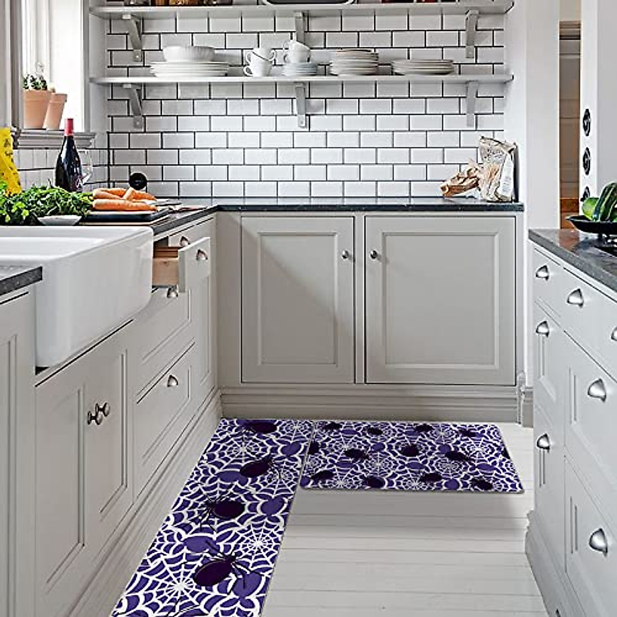 Halloween Horror Crawl Animal Spiders- Cobweb Anti-Fatigue Rugs and Mats Set for Kitchen Floor, 2 Piece PVC Heavy Duty Standing Area Runner Mat Purple White Home Decor Carpet