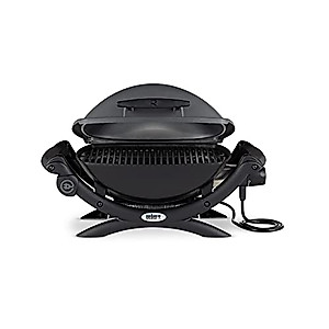 Weber Q 1400 Electric Grill (Black) with Portable Cart and Grill Cover Bundle (3 Items)