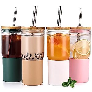 4 Pack Glass Cups with Lids and Straws, 22oz Mason Jar Glass Tumbler, Smoothie Cup with Silicone Sleeve, Reusable Boba Cup, Modern Cute Iced Coffee Cup, Drinking Glasses for Tea, Juice, Soda, Cocktail