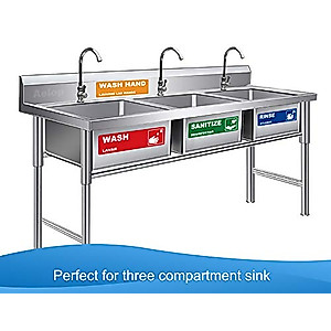 Wash, Rinse, Sanitize Handwash Sink Labels, Heavy Duty 3 Compartment Sink Waterproof Sticker Signs for Wash Station, Commercial Kitchens, Restaurant, Food Trucks, Busing Stations and Dishwashing