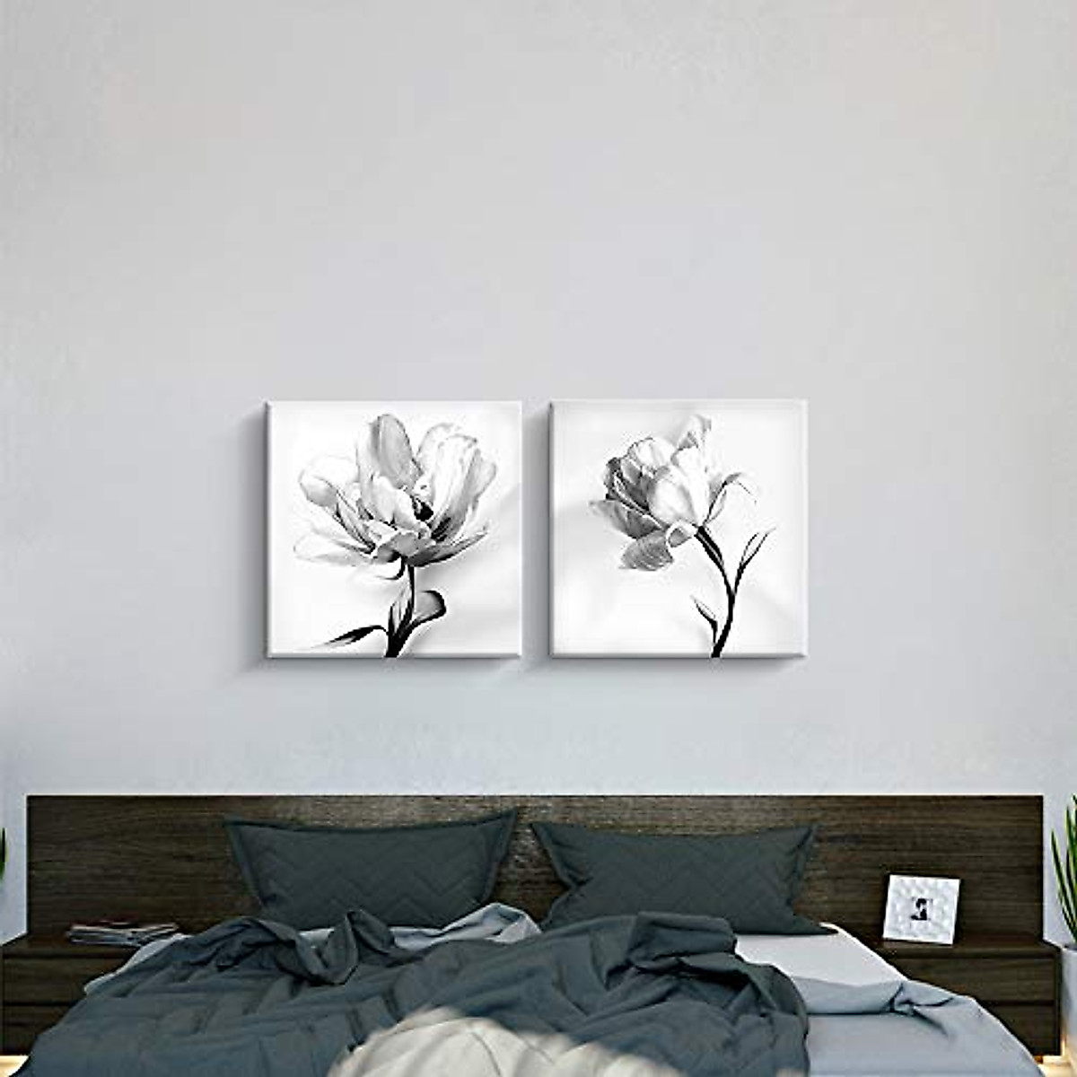 Pinetree Art 2 Panel Black And White Canvas Wall Art White Flower Rose Nordic Canvas Prints Painting Wall Decor for Living Room Wooden Framed Home Decorations - 12"x12" (White Flower, 12 x 12 2pcs)
