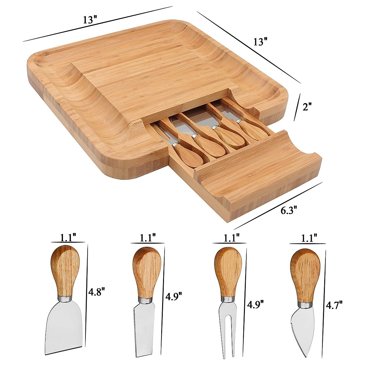 Esup Bamboo Cheese Board Set Cheese Plate 13'' x 13'' With Integrated Slide-Out Drawer and 4 Specialist Cheese Knives Set