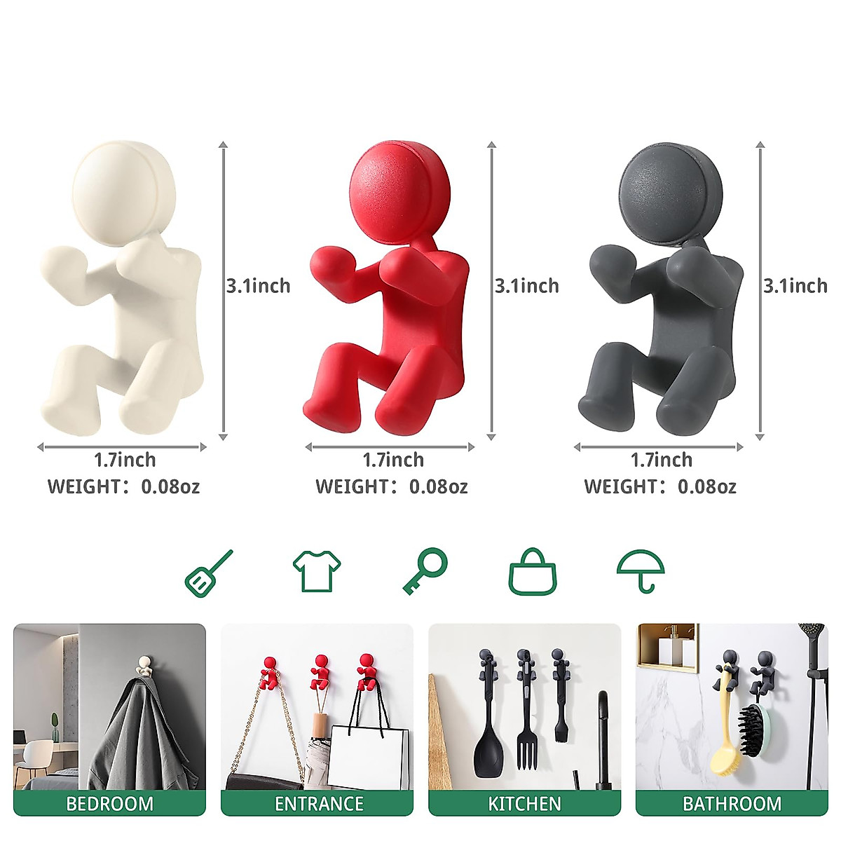 Multifunction Bathroom Silicone Hook,Creative Bedroom Wall Hooks,Waterproof Shower Hook,for Razor,Key,Spatulas and More,Kitchen Storage Essentials,Fun Gifts for Friend(Doll Shape) (4-pcs Gray)