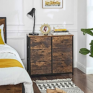 SONGMICS Dresser for Bedroom, Chest of Drawers, 6 Drawer Dresser, Closet Fabric Dresser with Metal Frame, Wooden Top and Front, Brown and Black ULGS23H
