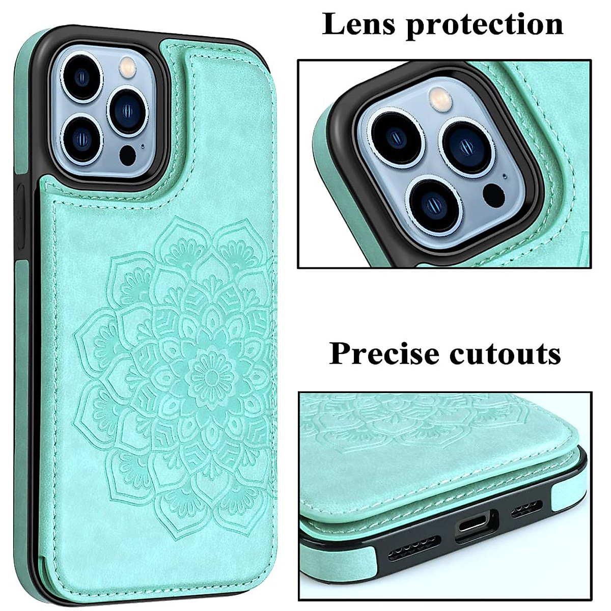 MMHUO for iPhone 15 Pro Max Case with Card Holder, Flower Magnetic Back Flip Case for iPhone 15 Pro Max Wallet Case for Women, Protective Case Phone Case for iPhone 15 Pro Max,Mint