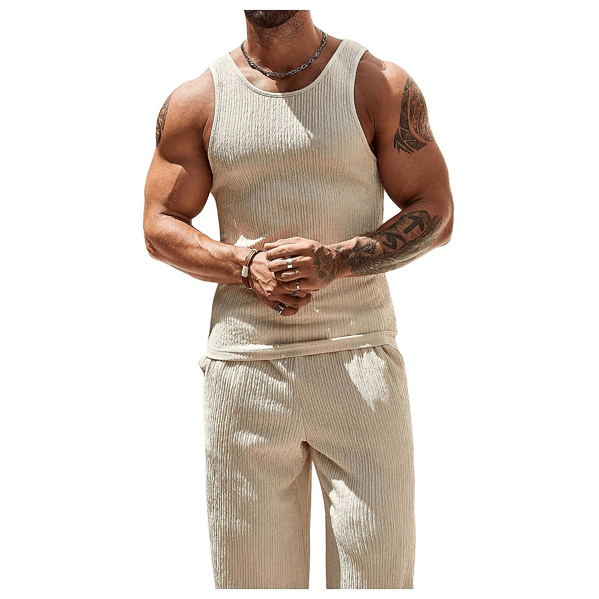 GORGLITTER Men's 2 Piece Rib Knit Outfits Casual Sleeveless Tank Top Elastic Waist Pants Set Apricot Medium
