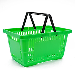 RABEEXP 12 Pcs Shopping Baskets 28L 7.4Gal Plastic Shopping Baskets with Handles, Portable Grocery Basket for Supermarket Retail Shop Book Store Laundry, 18.9x13x10.2 Inch (Green)