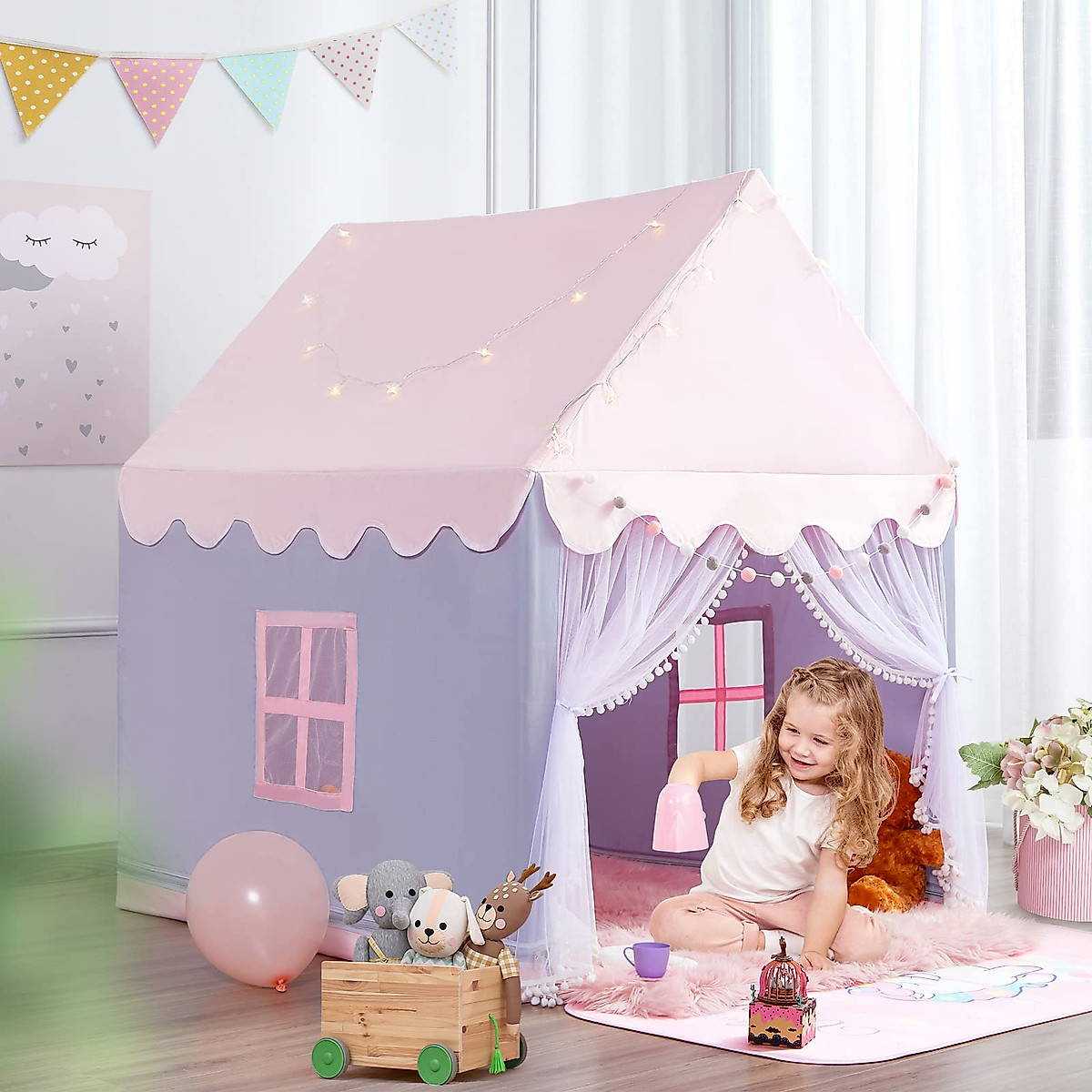 HAHASOLE Large Play Tent with Lights, Kids Tent Large Toddler Playhouse Indoor Outdoor, Princess Castle Tent with Windows, Kids Play Tent for Boys Girls, Great Gift
