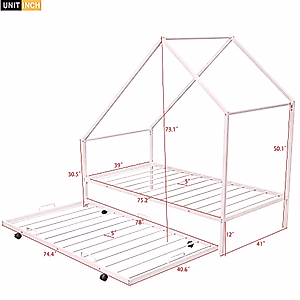 LCH House Bed, Full-Twin Size Metal House Bed with Trundle for Bedroom,Guest Room,Cute House-Shape Bed for Toddlers,Kids,Girls and Boys,Noise Free,Easy to Assemble,No Box Spring Needed,Pink