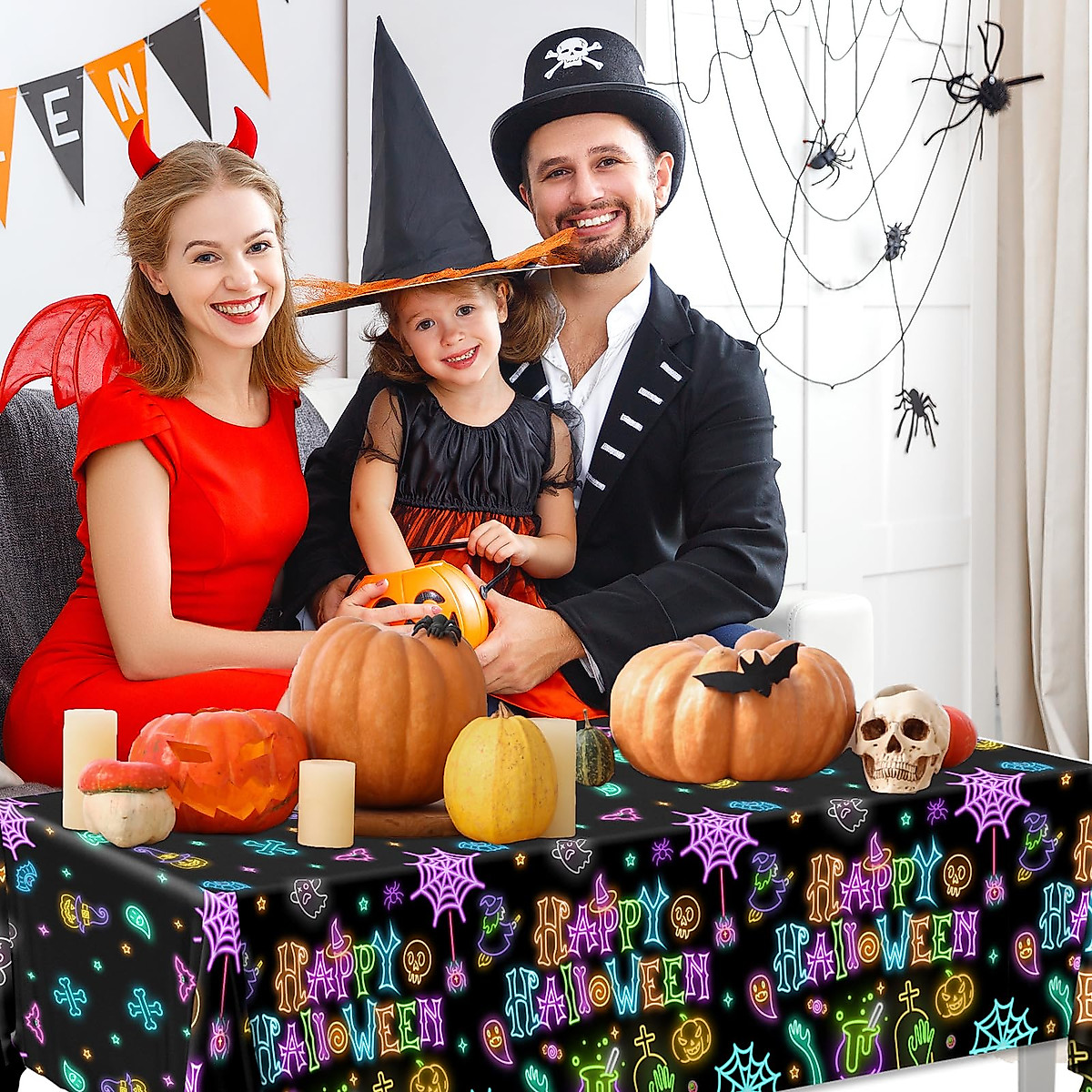 CMUSKO 3Pcs Neno Halloween Tablecloths-Glow Black Halloween Disposable Plastic Table Cover for Happy Halloween Party Supplies
