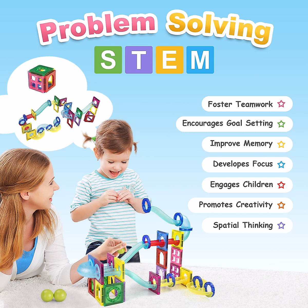 Marble Run Magnetic Tiles, 45pcs Marble Run Race Track 3D Magnetic Building Blocks, STEAM Educational Toy, Child Brain Development Kit Toy for Girls Boys Toddlers Kids Ages 3 4 5 6 7 8+