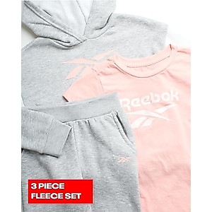 Reebok Baby Girls' Pants Set - 3 Piece Fleece Lined Sweatshirt, Graphic Tee and Jogger Pants for Infant and Toddler (12M-6X), Size 3T, Light Grey Heather