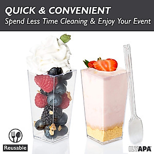 Ilyapa 40 Pack 3 ounce Dessert Cups, Plastic 3oz Dessert Cups with Spoons, Mini Shooters 3 oz, Cheesecake Shooter Cups, Chocolate Mousse Cups, Appetizer & Breakfast Brunch Accessories, Round