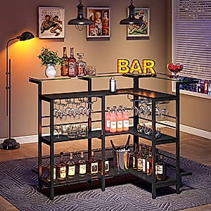 Tribesigns Home Bar Unit, L Shaped Black Liquor Bar Table with Glass Counter Top, Wine Glasses Holder, Storage Shelves and Footrest for Living Room/Basement