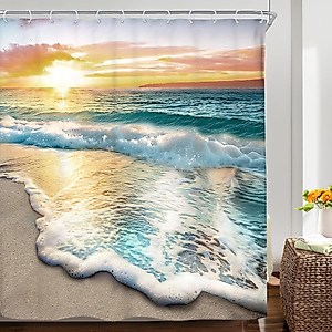 Riyidecor Ocean Coastal Hawaiian Sunrise Shower Curtain 72x84 Inch Sea Wave Summer Beach Seaside Scene Island Blue Fabric Set Waterproof 12 Pack Hooks BB-JWXP