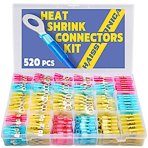 haisstronica 520PCS Marine Grade Heat Shrink Wire Connectors-Electrical Connectors Kit of Tinned Red Copper,16-14 22-16 12-10 Gauge Crimp Insulated Ring Fork Spade Butt Splices(3Colors/24Size)