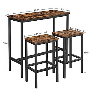 VASAGLE Dining Table Set, Bar Table and Chairs Set, Kitchen Bar Height Table with Stools Set of 2, Steel Frame, Industrial, Rustic Brown and Black ULBT218B01