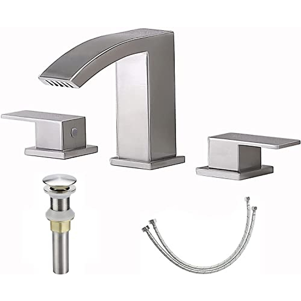 Friho Modern Widespread 3 Hole Waterfall Brushed Nickel Bathroom Faucet, Extra Large Rectangular Spout 8 inch Bathroom Vanity Sink Faucet with Pop Up Drain and Supply Lines