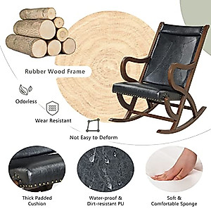 TUOCHUFUN Rocking Chair with Rubber Wood Frame, Anti-Tipping Design, Modern Rocking Chair with PU Cushion for Outdoor Garden,Living Room (Black)