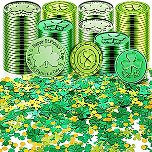250 Pieces St. Patrick's Day Shamrock Coins 3-Leaf and 4-Leaf Lucky Coins Green and Plastic St. Patrick Confetti Green Table Confetti for St. Patrick's Day Party Decoration Supplies