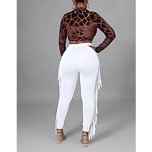 Choichic Women's Casual High Waist Fringed Pants Elastic Waist Bodycon Pants Trousers Tassels Side Long Pants Jogger Sweatpant Skinny Leggings White Small