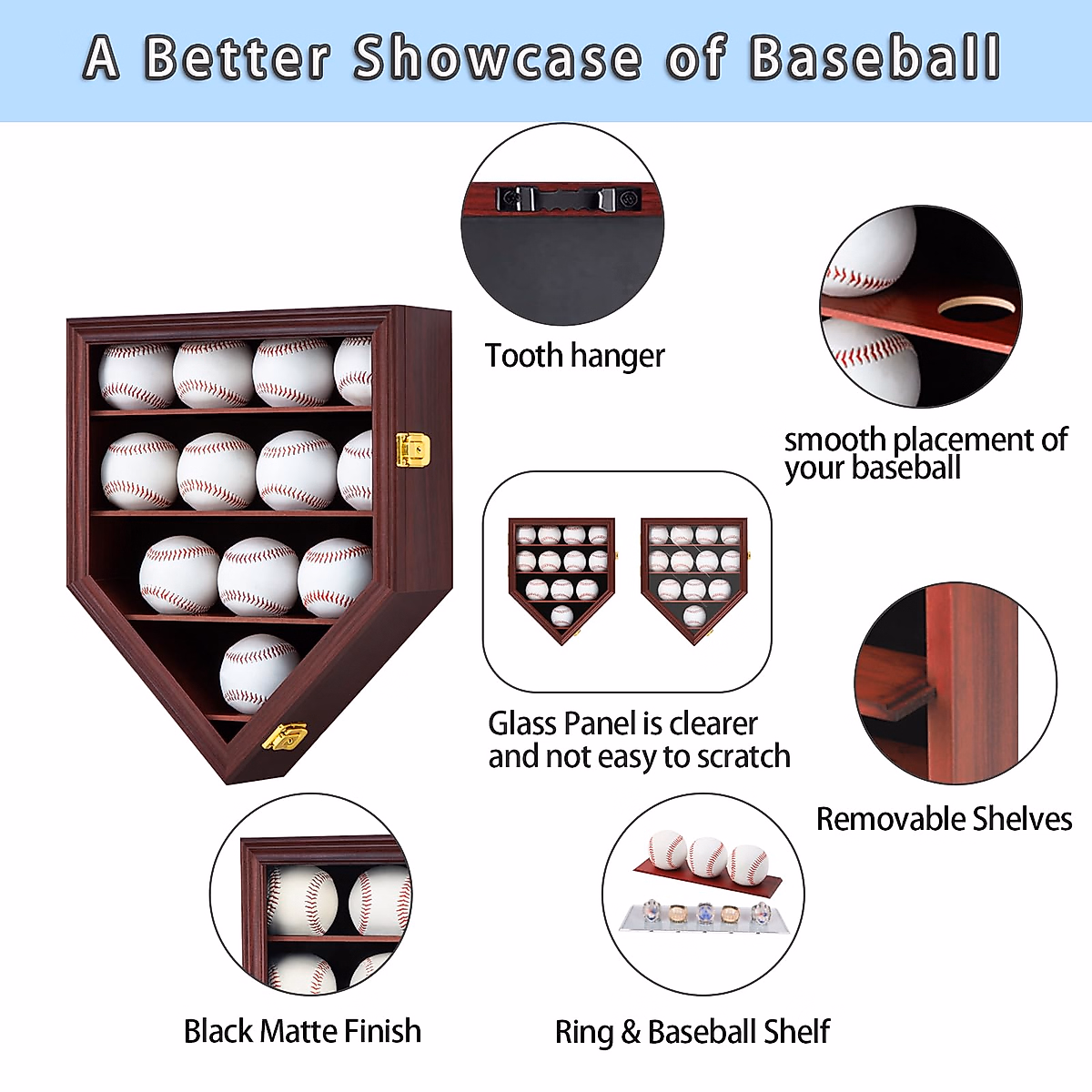 BYOSII Baseball and Championship Ring Display Case 12 Baseball Holders for Balls Display Baseball Ring Display Wall Cabinet with 98% Uv Protection for Collection Autographed Baseball Championship Ring
